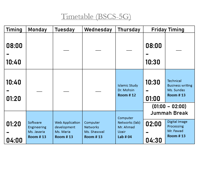 Our Section's Timetable | BSCS-5G